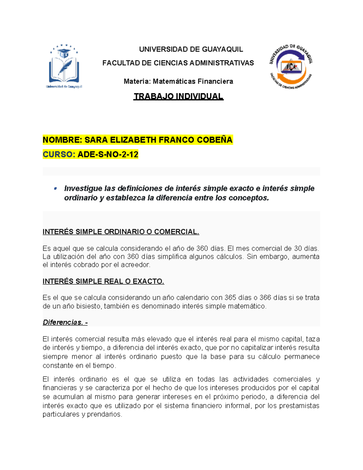 Interes Simple Exacto Y Ordinario - UNIVERSIDAD DE GUAYAQUIL FACULTAD ...