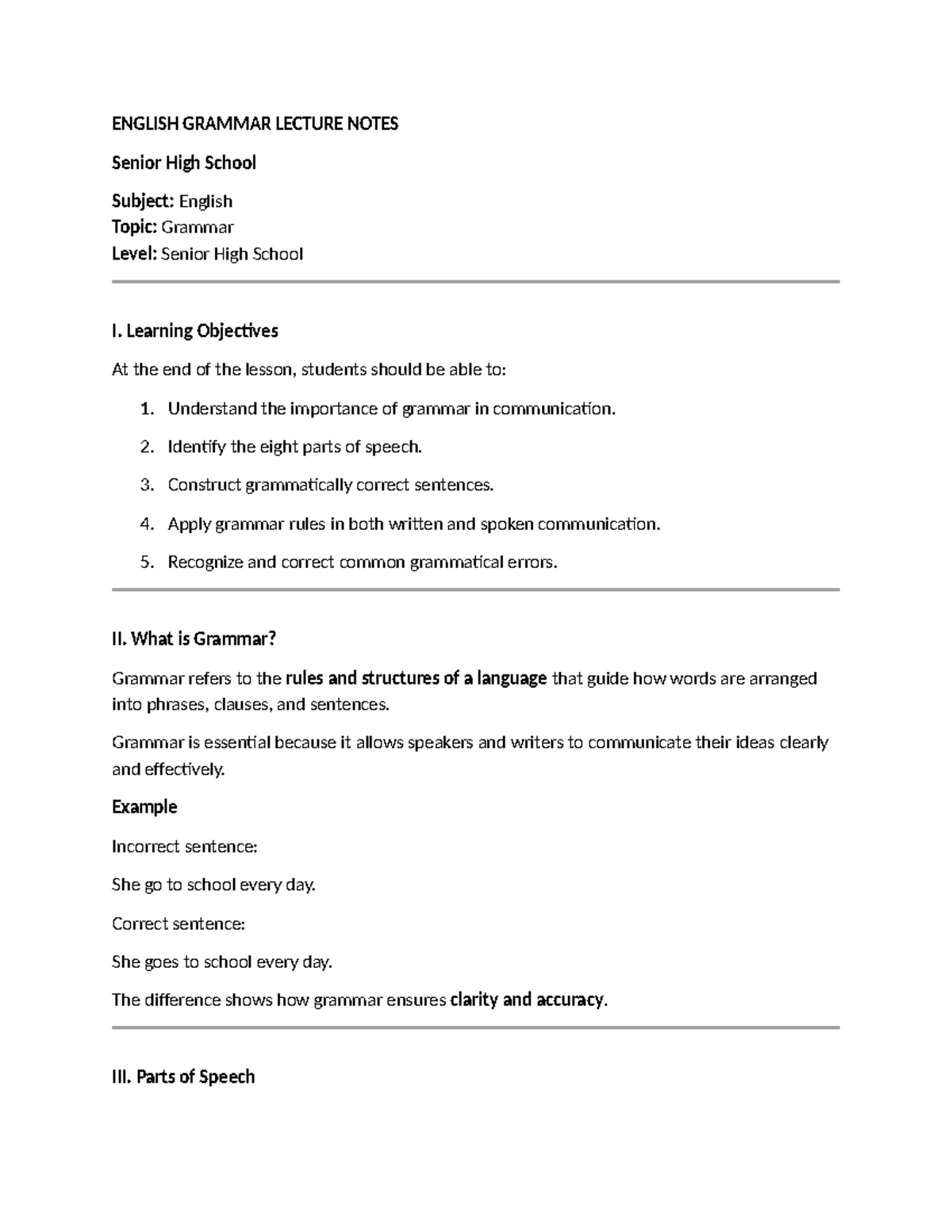 ENGLISH 101: Grammar Lecture Notes for Senior High School - Studocu