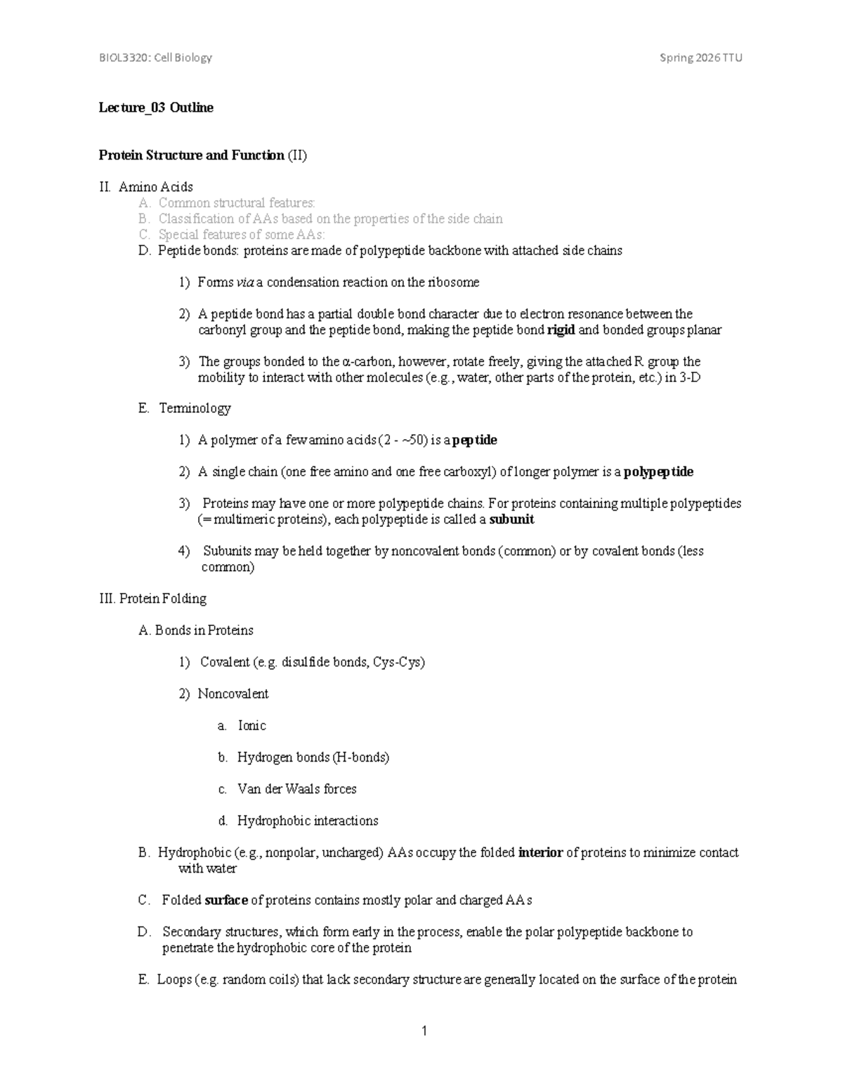 BIOL3320: Cell Biology Spring 2026 TTU Lecture 03 Protein Structure ...