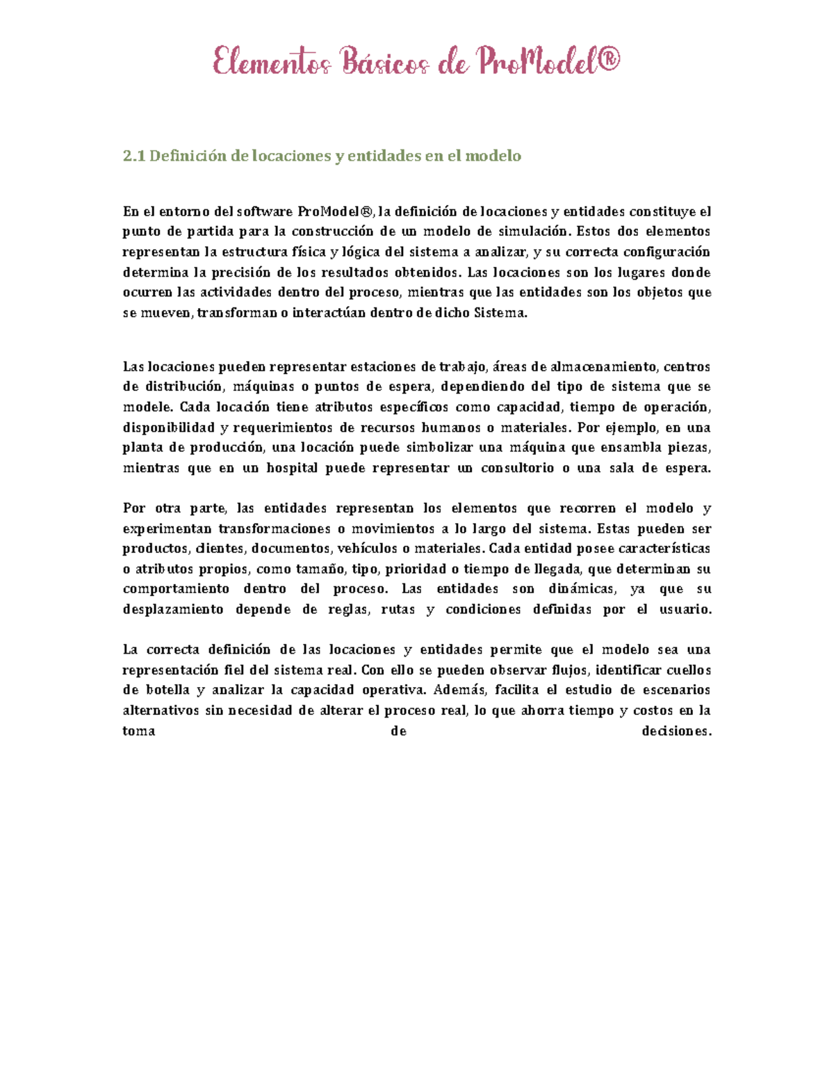 Unidad 2: Definición de Locaciones y Entidades en Simulación - Studocu