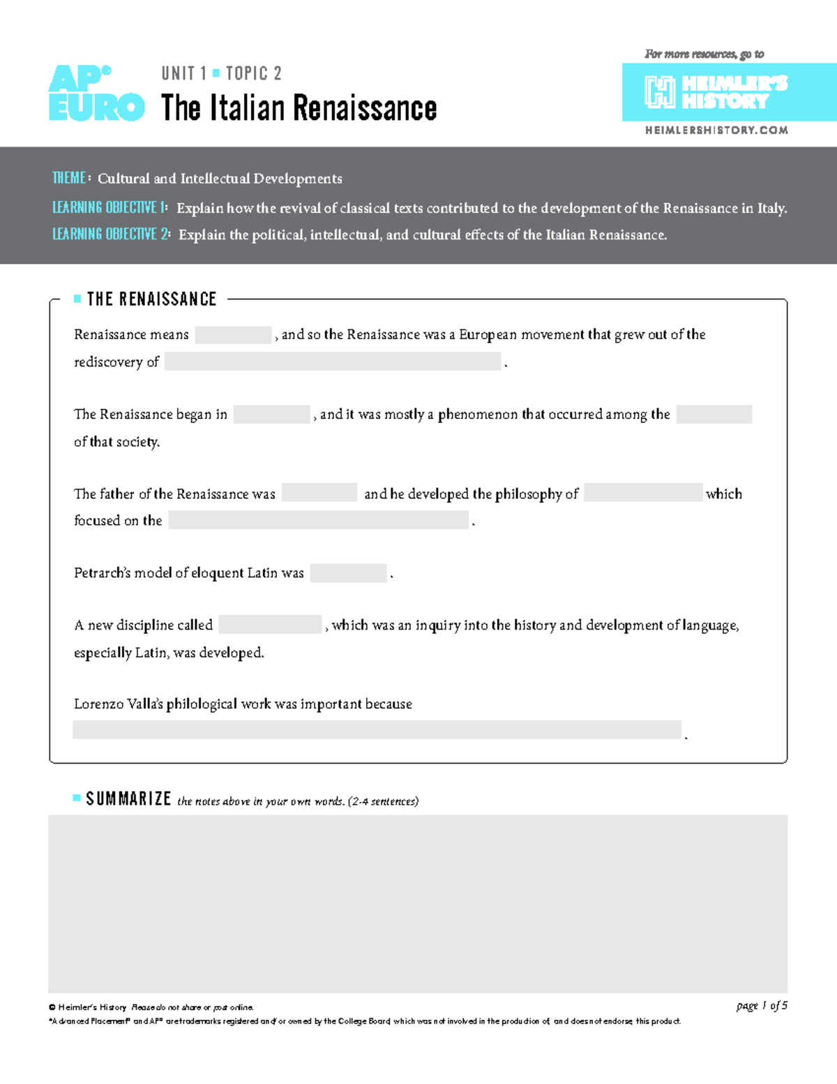 AP Euro Unit 1 Comprehensive Noteguides on the Renaissance ...