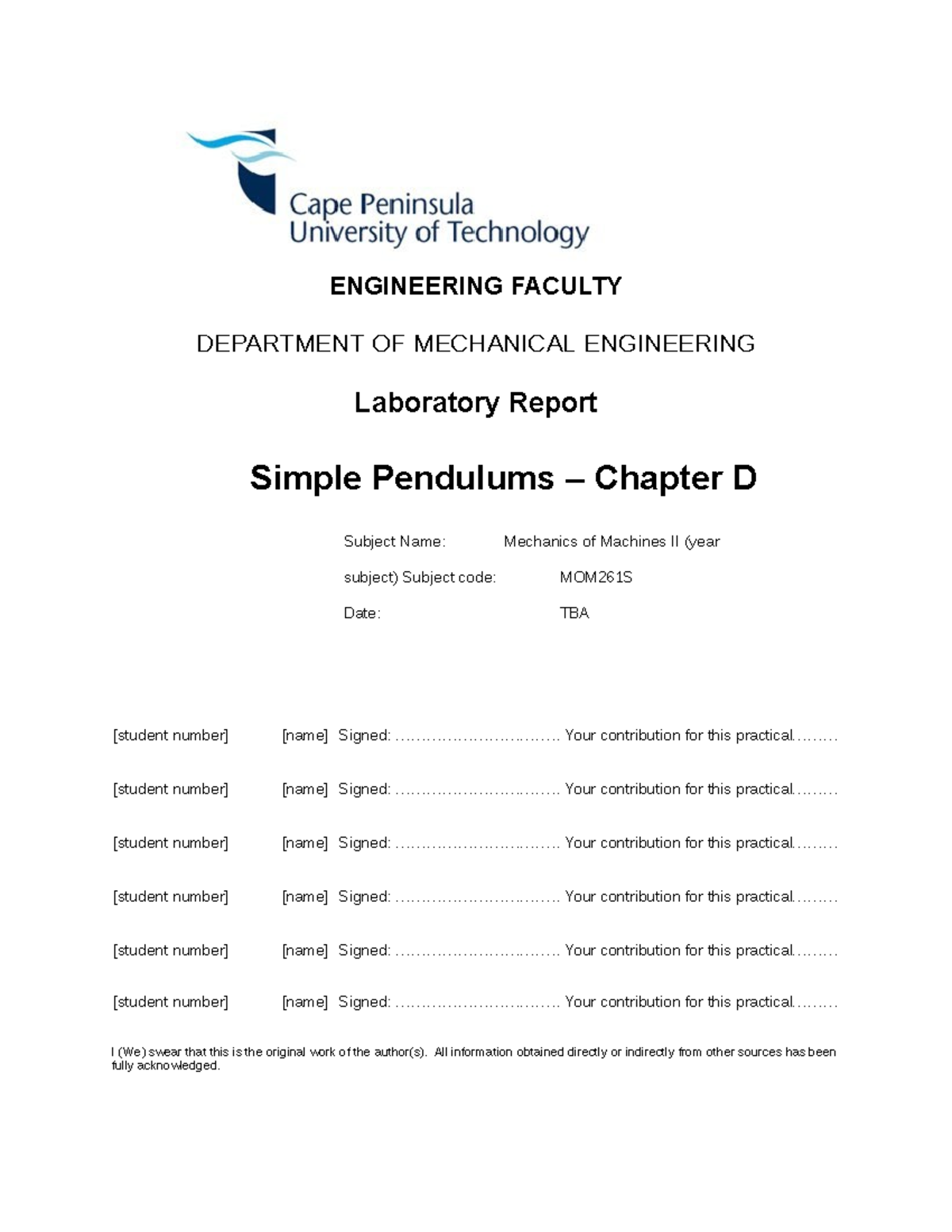 MOM261S Simple Pendulum Experiment Lab Report - Mechanics II - Studocu