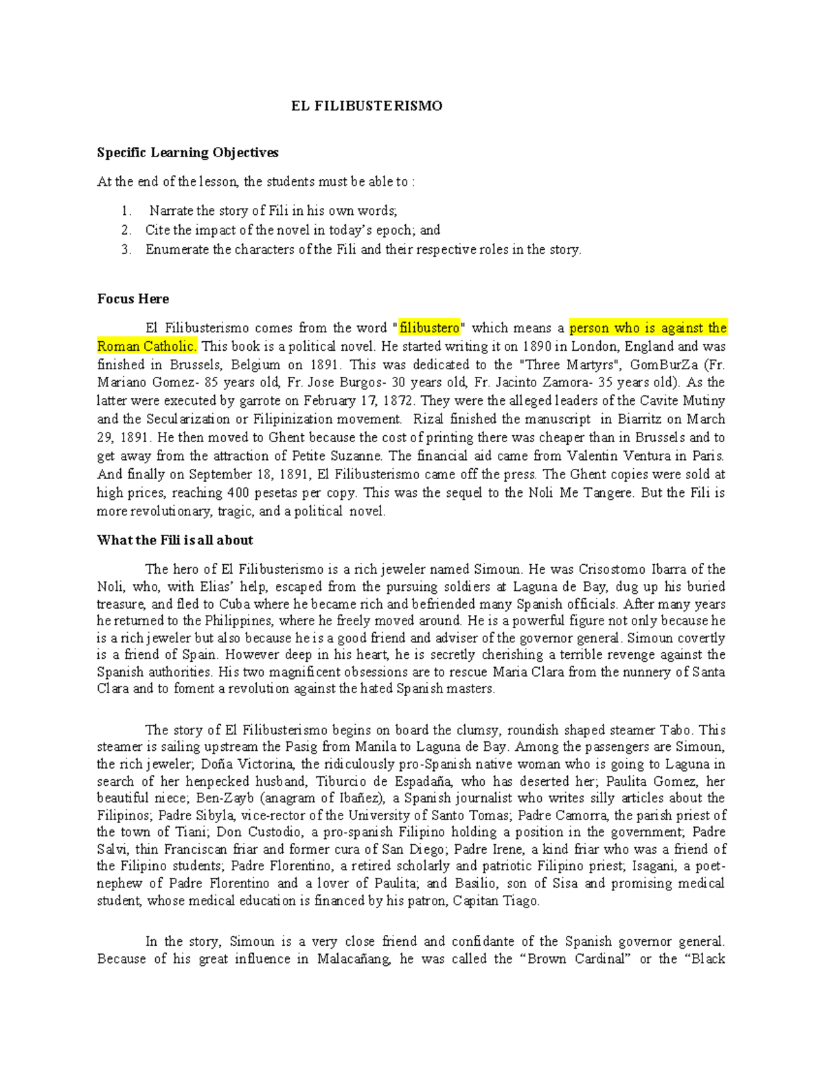2025 - El Filibusterismo lesson notes and character analysis - Studocu