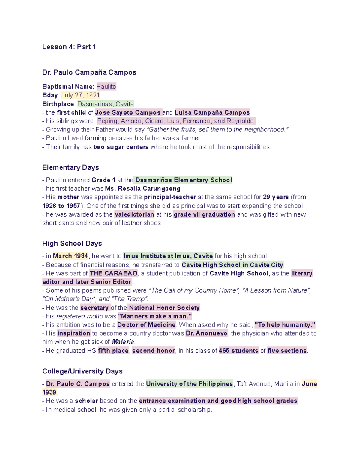 ECF- Reviewer: Lesson 4 - Life and Legacy of Dr. Paulo C. Campos - Studocu