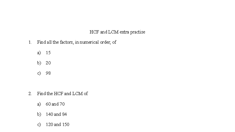 HCF and LCM Extra Practice Exercises for Math 101 - Studocu