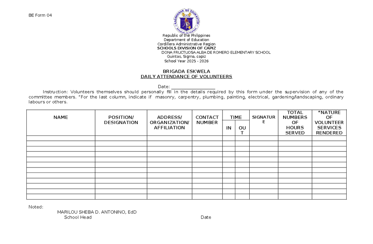 BE Form 04: Daily Attendance of Volunteers for Brigada Eskwela 2025 ...