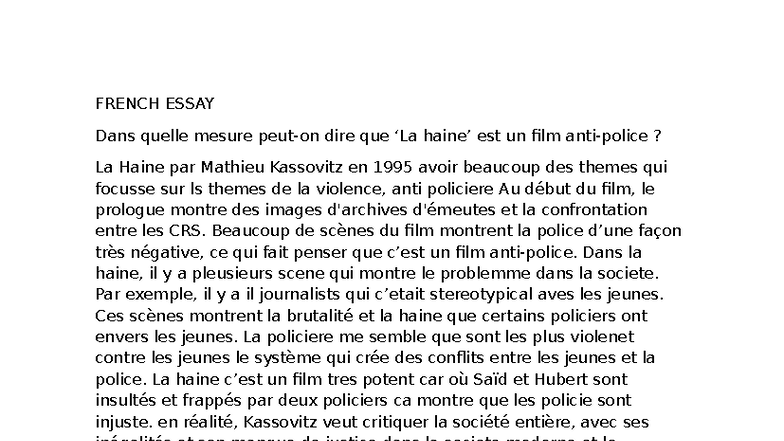 FRENCH ESSAY Y2: Analyse de La Haine et ses Thèmes Sociaux - Studocu