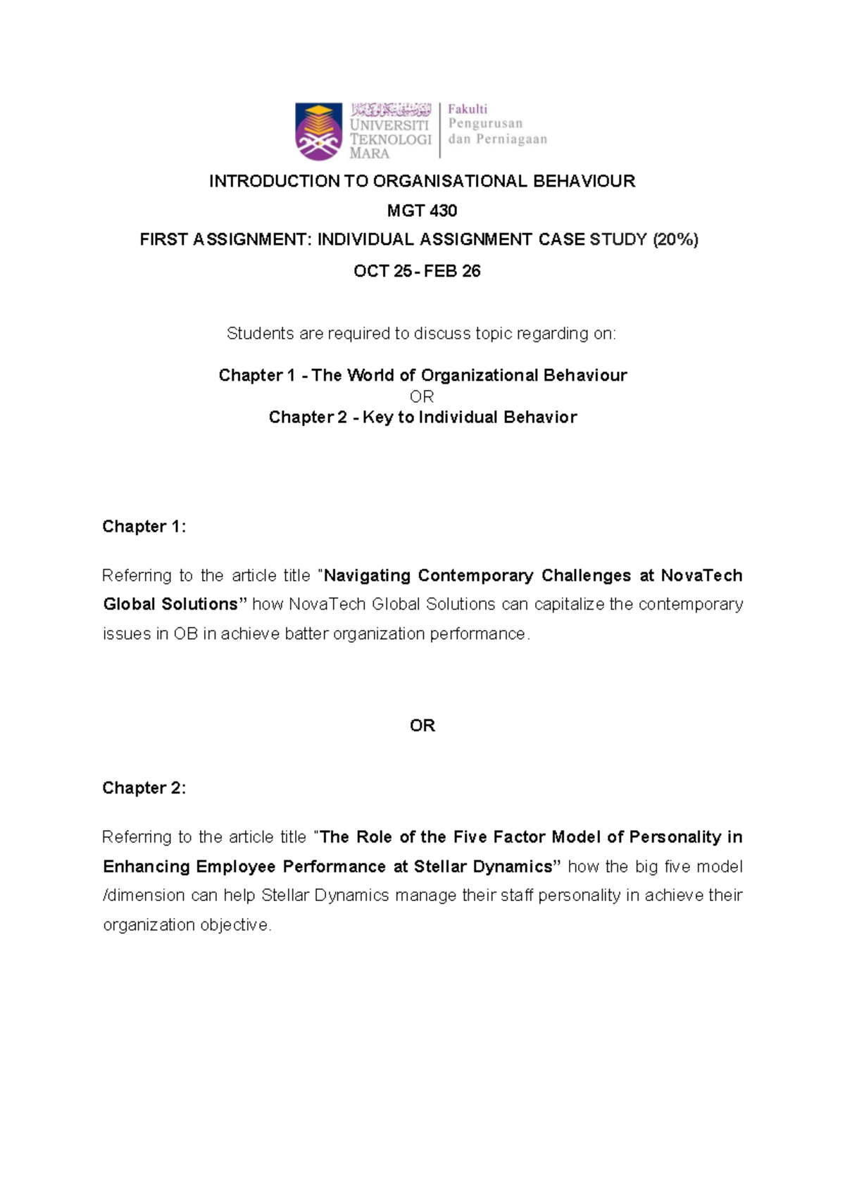 MGT 430 Individual Assignment Case Study: Org Behaviour Insights - Studocu