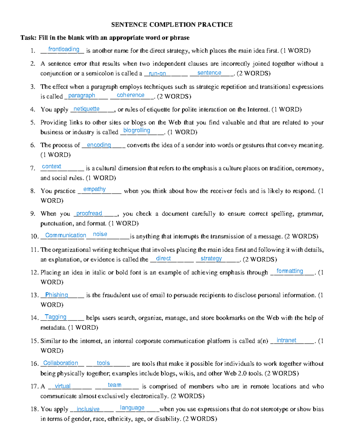 Sentence Completion Practice Exercises: Fill in the Blanks - Studocu