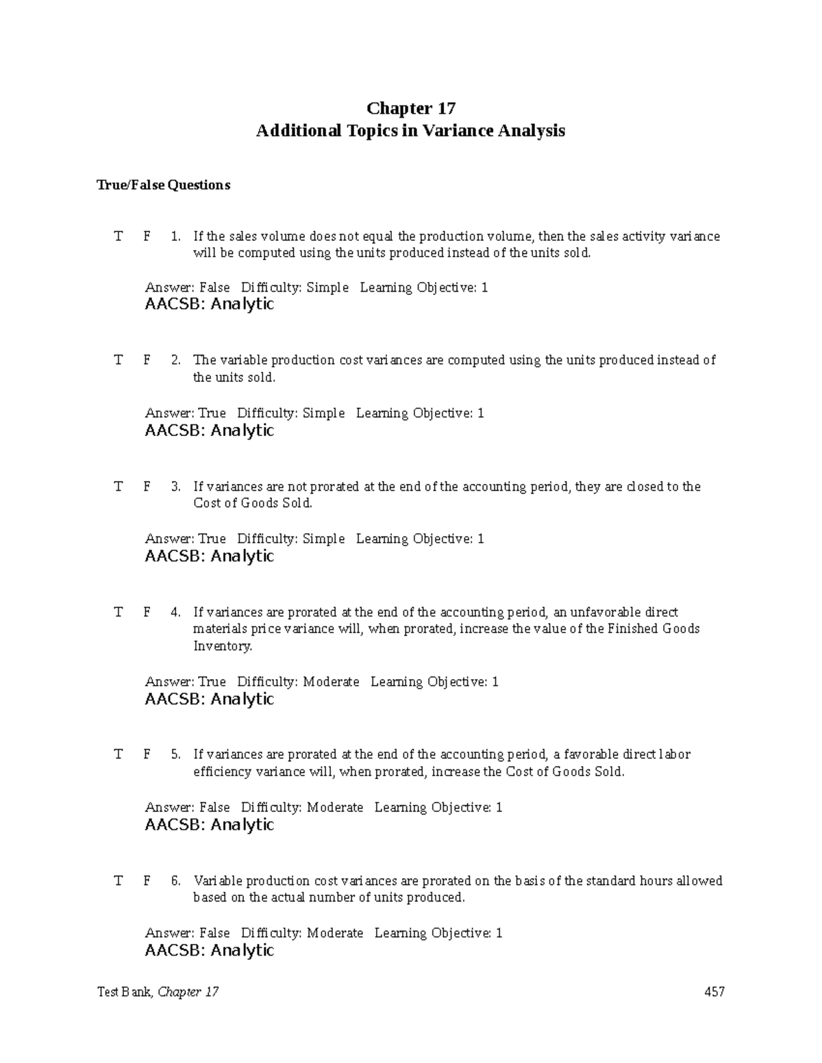 Chapter 17 - Standard Variances: Mix & Yield Test Bank Insights - Studocu