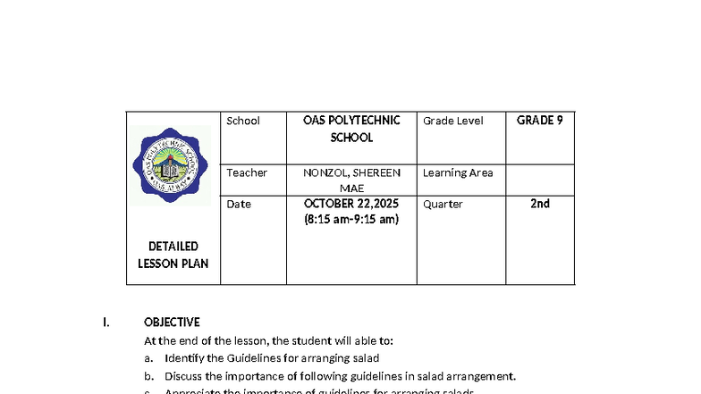 Guidelines for Arranging Salad: Detailed Lesson Plan (TLE 9) - Studocu