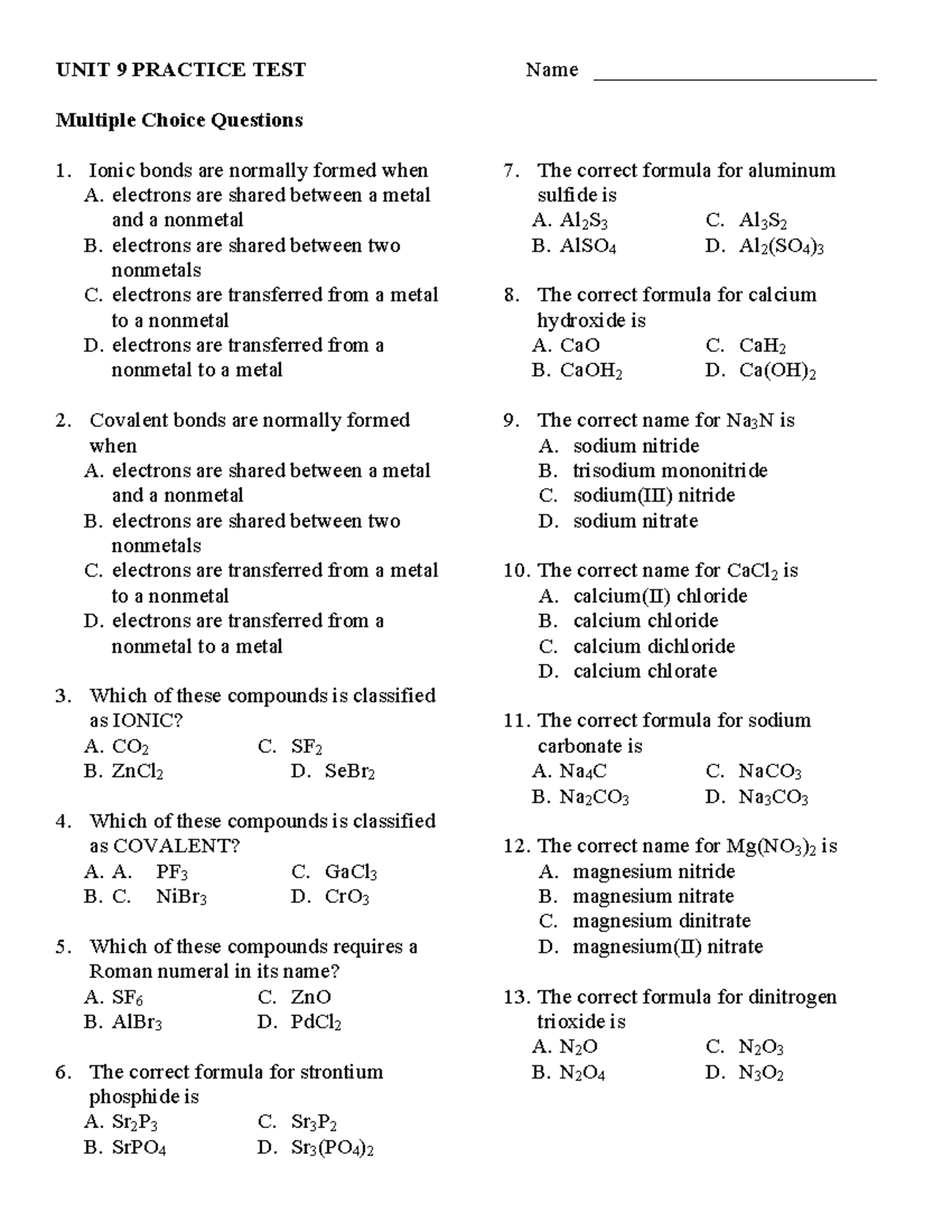 Unit 9 Practice Test: Understanding Ionic Bonding Concepts - Studocu