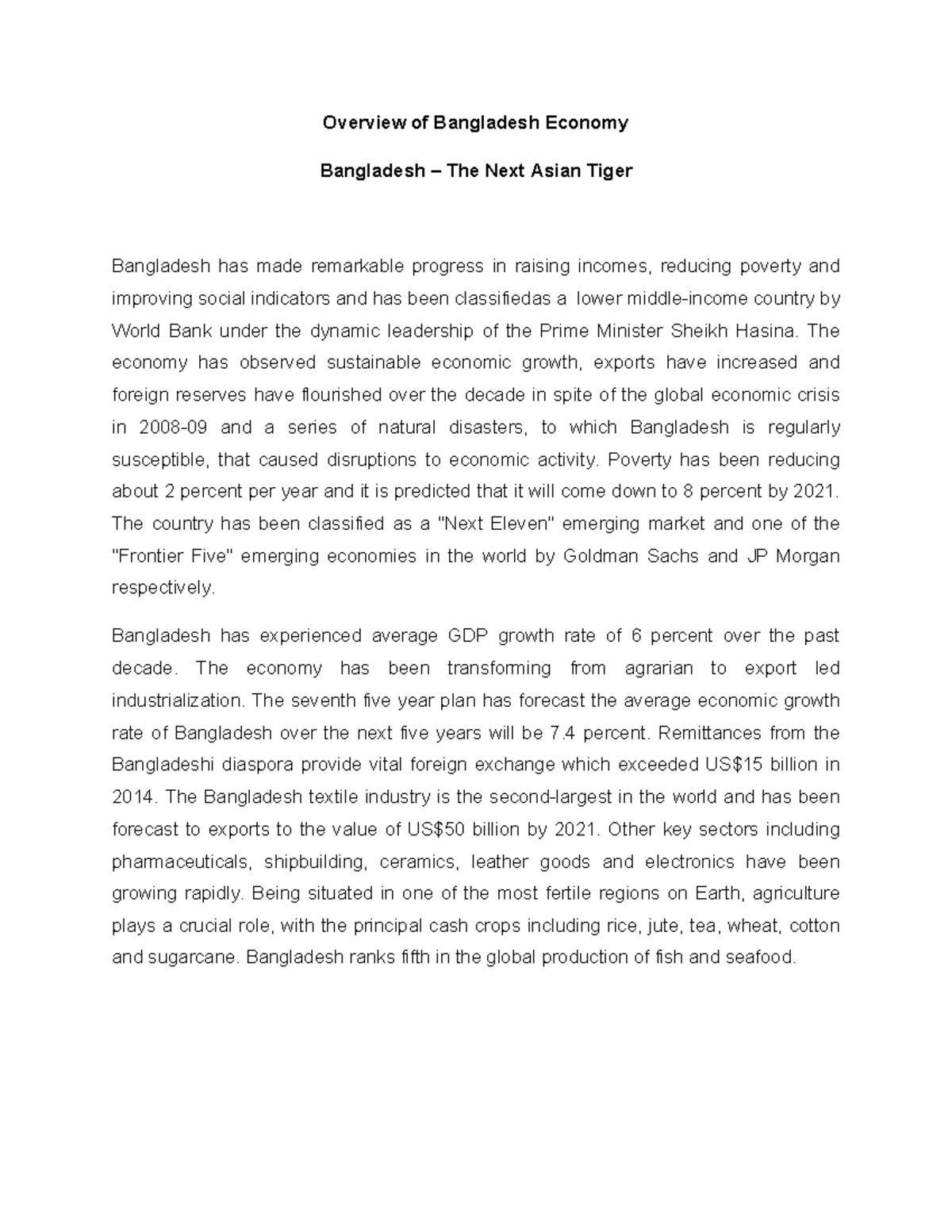 Overview of Bangladesh Economy: Progress Towards Asian Tiger Status ...