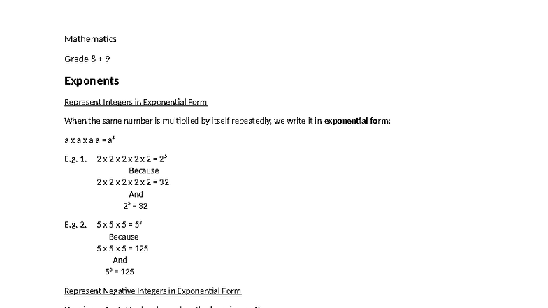 Mathematics Grade 8: Exponents and Their Applications in Integers - Studocu
