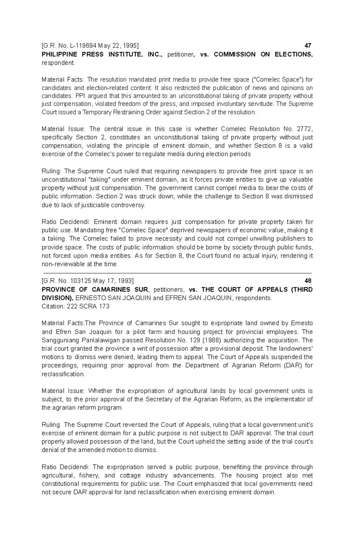 Consti CD 1 - Case Digests on Eminent Domain Rulings - Studocu