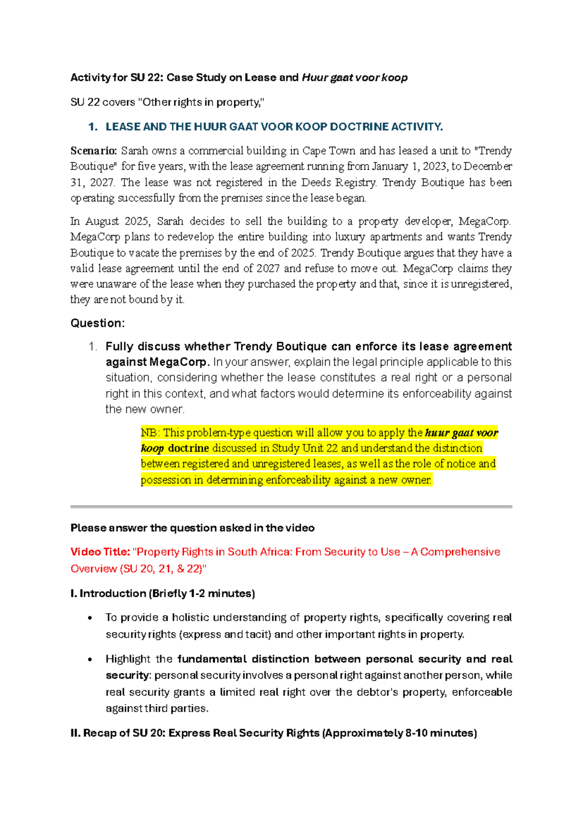 Activity for SU 22: Case Study on Lease and Huur gaat voor koop - Studocu