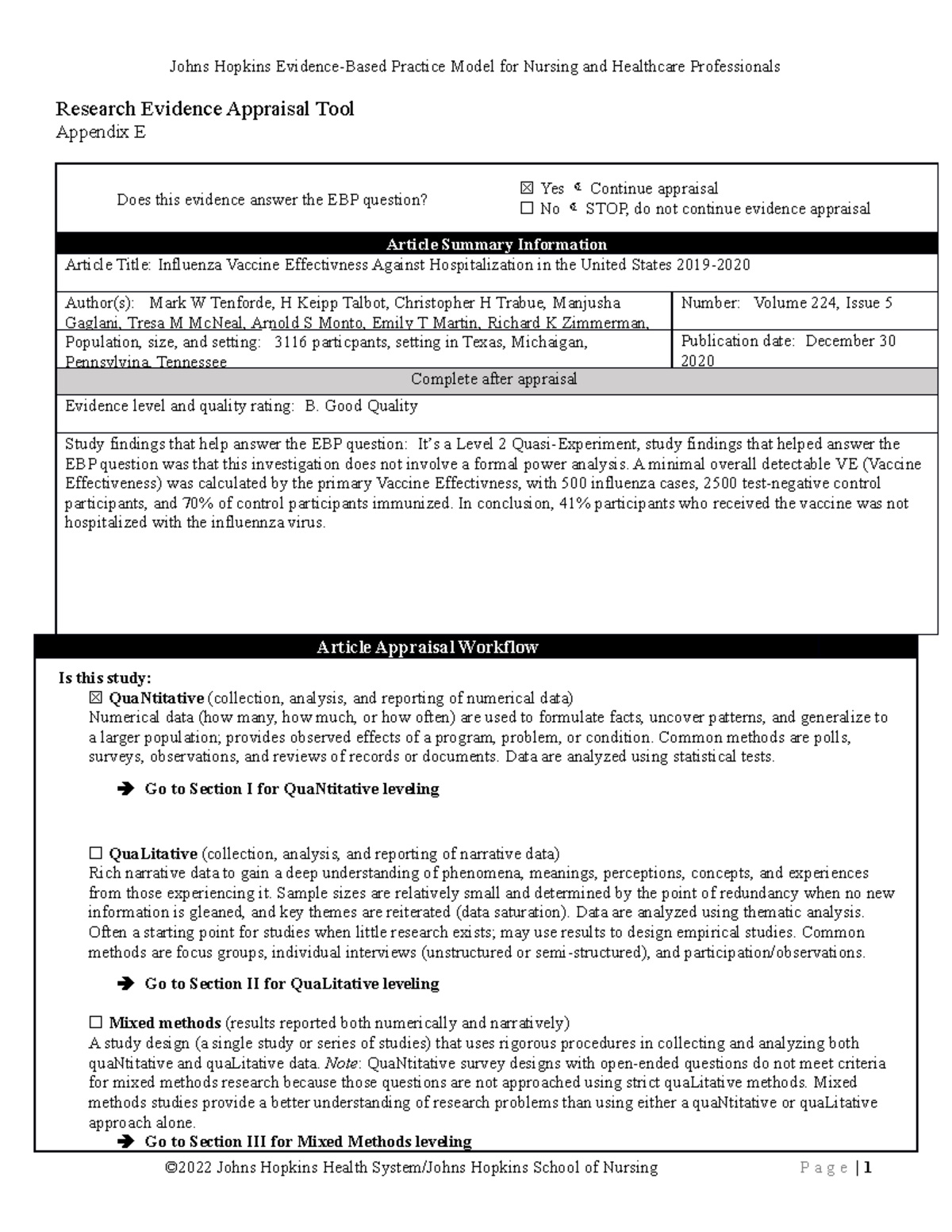 Appendix E (Quan) 2022 Evidence Appraisal Tool for Influenza Vaccine ...