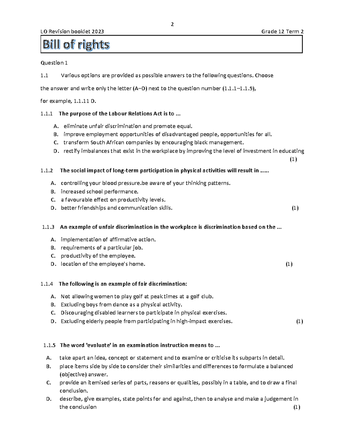Grade 12 Term 2 LO revision booklet 2023: Bill of Rights notes - Studocu