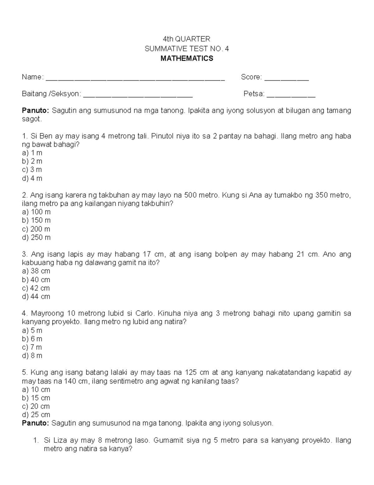 Summative - solving routine and non routine problems - 4th QUARTER ...