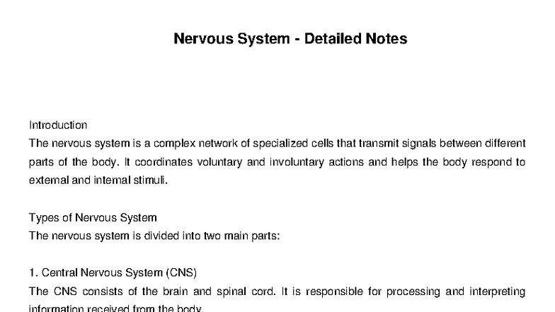 Nervous System Overview: Detailed Notes on CNS & PNS - Studocu