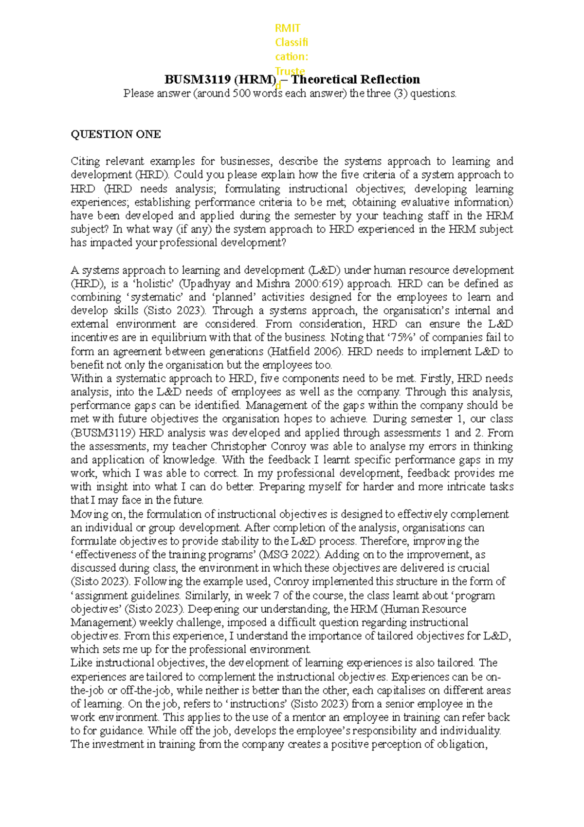 BUSM3119 - Comprehensive HRM Theoretical Reflection & Insights - Studocu