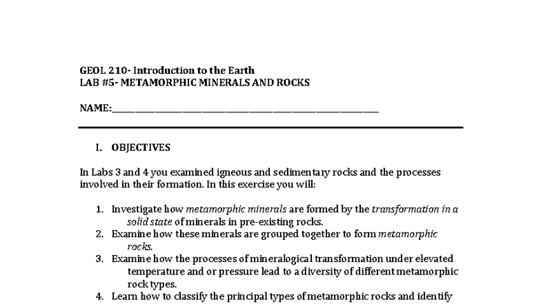 GEOL 5-Lab#5: Metamorphic Minerals and Rocks Overview - Studocu