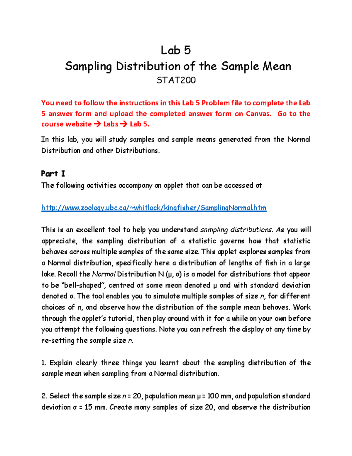 Lab 5 - Sampling Distribution of the Sample Mean - STAT - Studocu