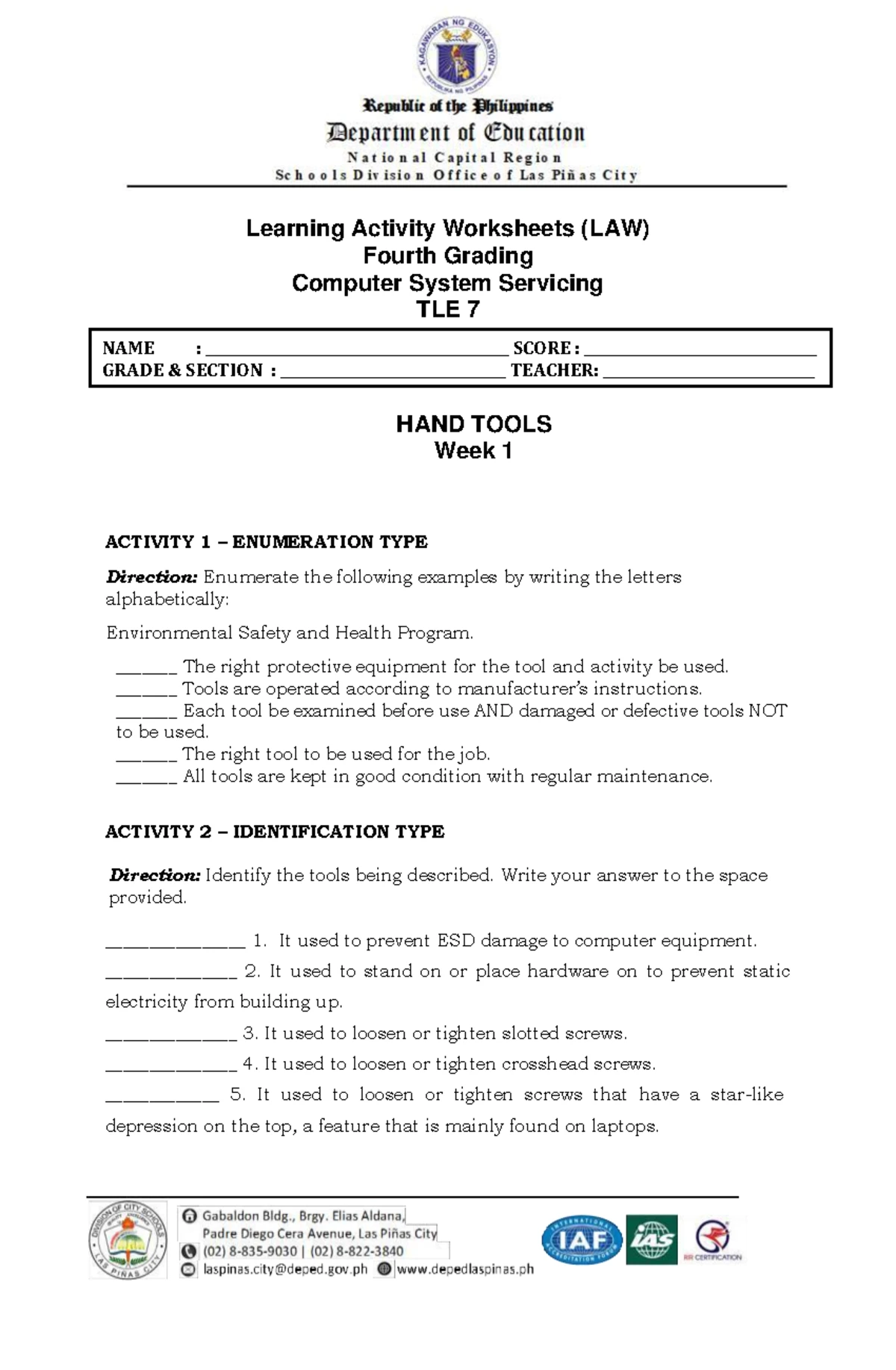 G7 TLE 7 Computer System Servicing Week 7 Learning Activity Worksheets ...