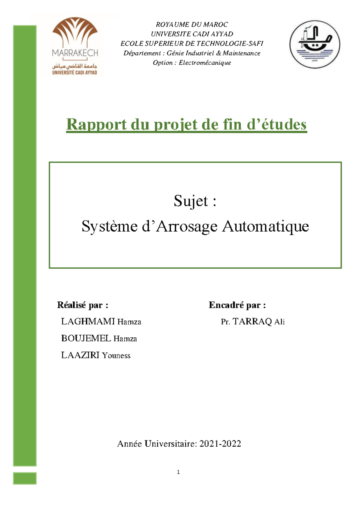 Rapport PFE - Système d'Arrosage Automatique en Electromécanique - Studocu