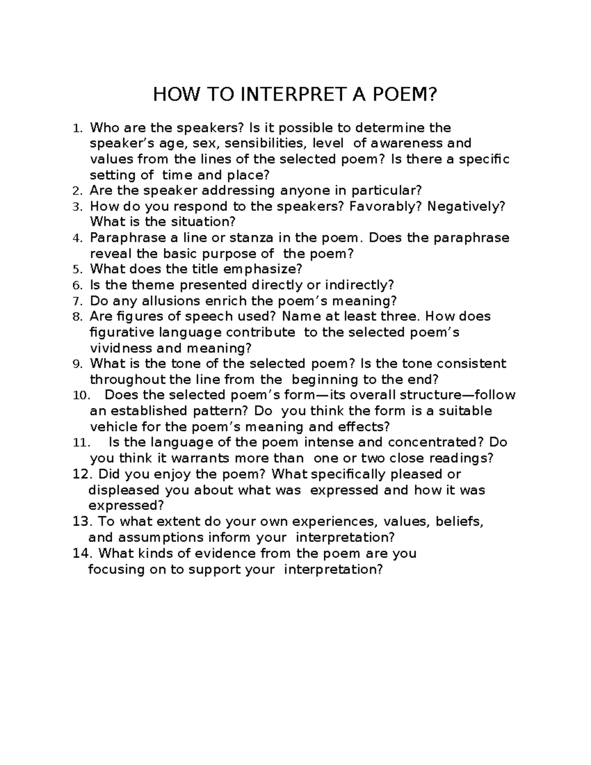 HOW TO Interpret A POEM - HOW TO INTERPRET A POEM? 1. Who are the ...