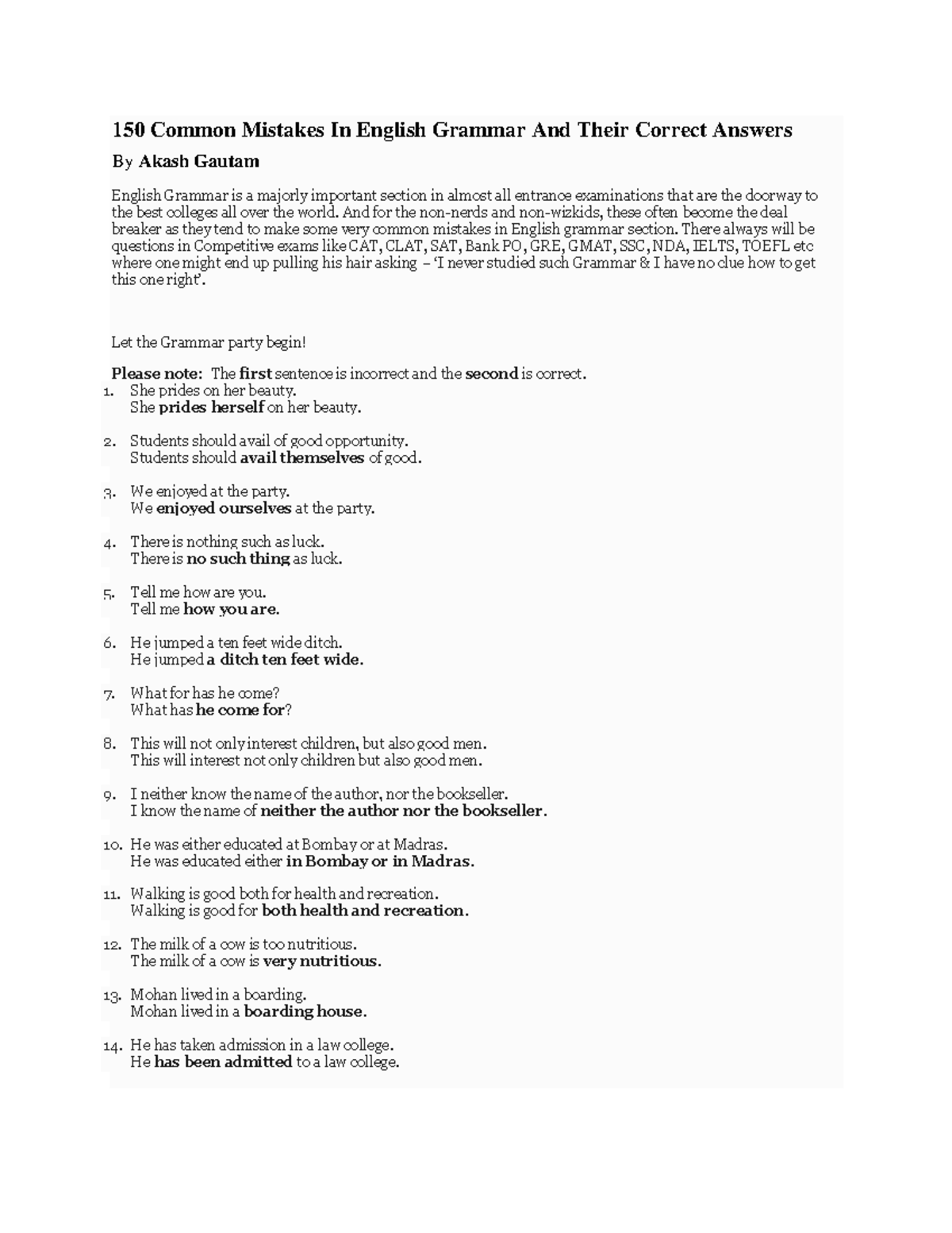 150 Common English Grammar Mistakes & Corrections - Studocu