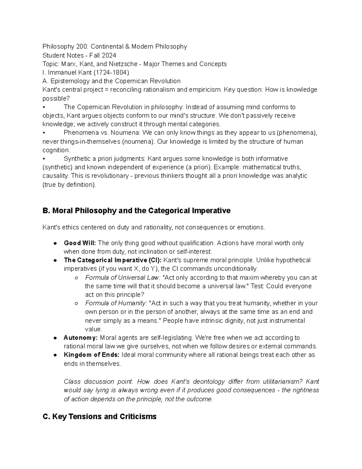 Philosophy 200: Student Notes on Kant, Marx, and Nietzsche Fall 2024 ...