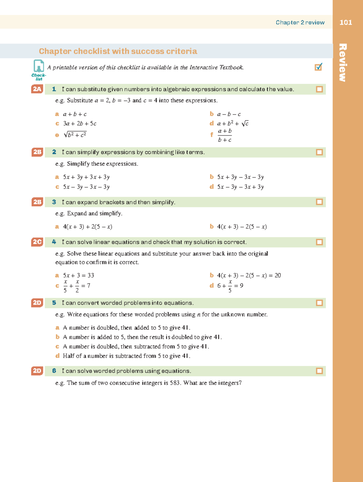 Chapter 2 Review Checklist for Algebraic Expressions and Equations ...