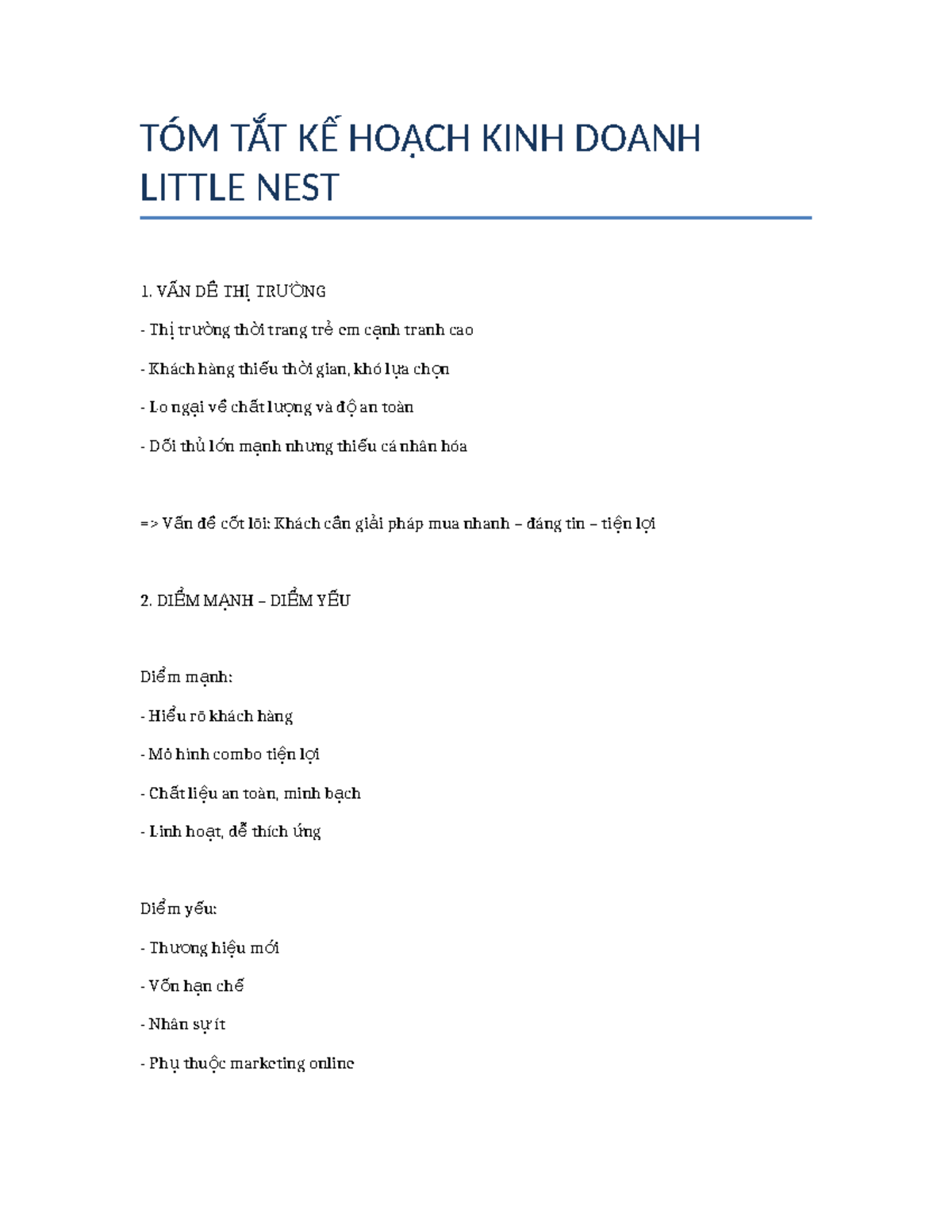 Tóm Tắt Kế Hoạch Kinh Doanh Little Nest: Chiến Lược Thị Trường - Studocu