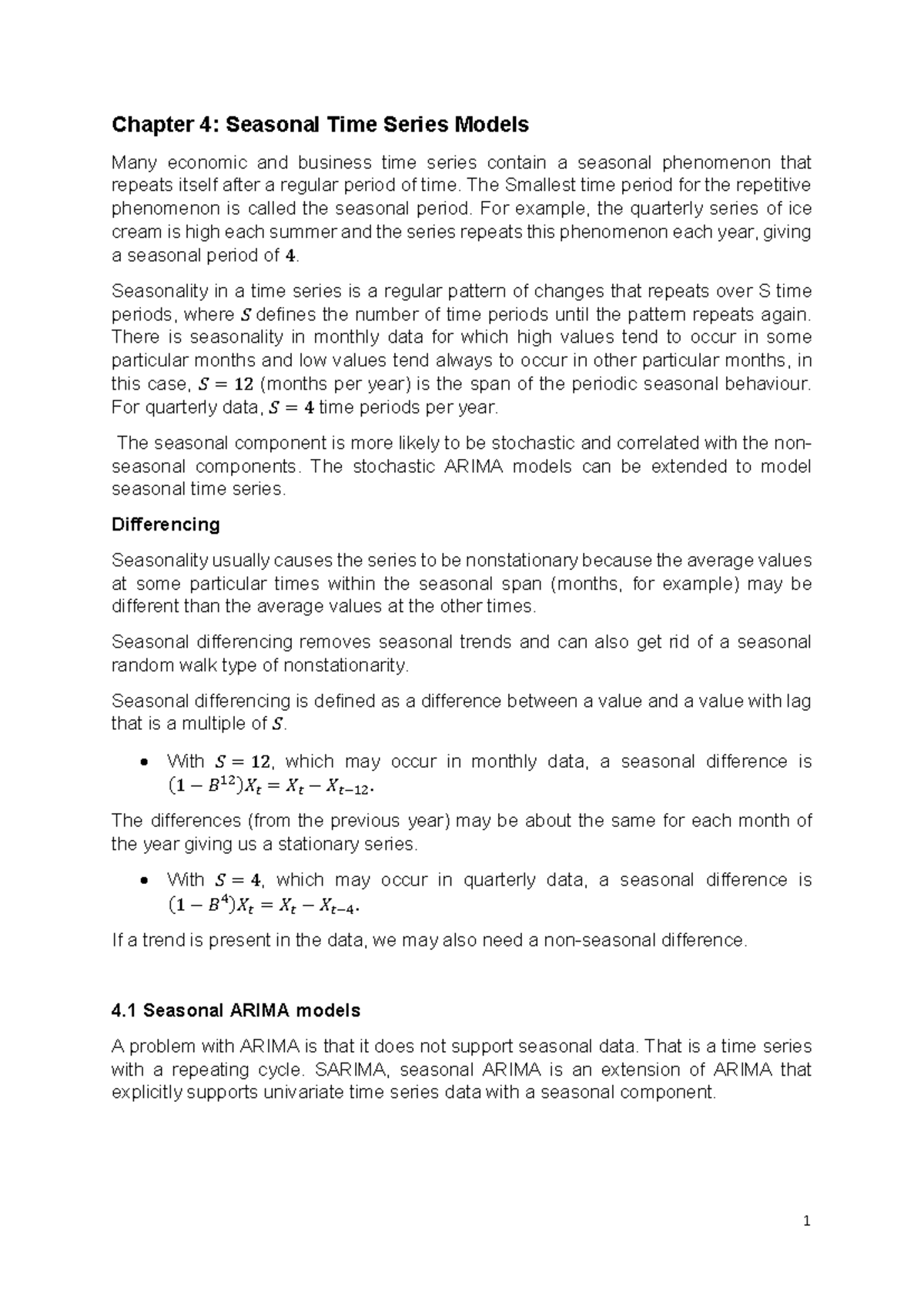 Chapter 4: Seasonal Time Series Models (ECON 101) - Studocu