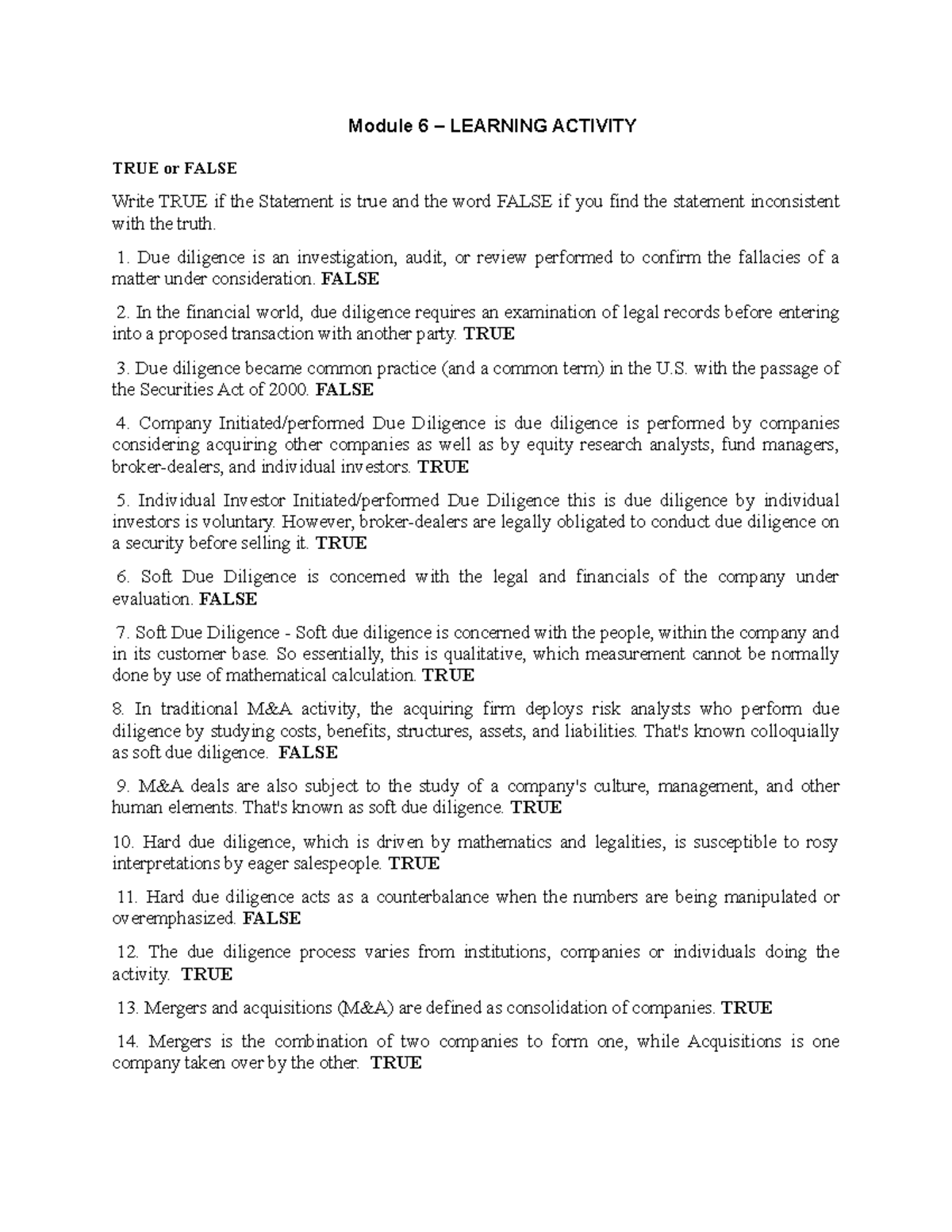 Module 6 – Learning Activity - Module 6 – LEARNING ACTIVITY TRUE or ...