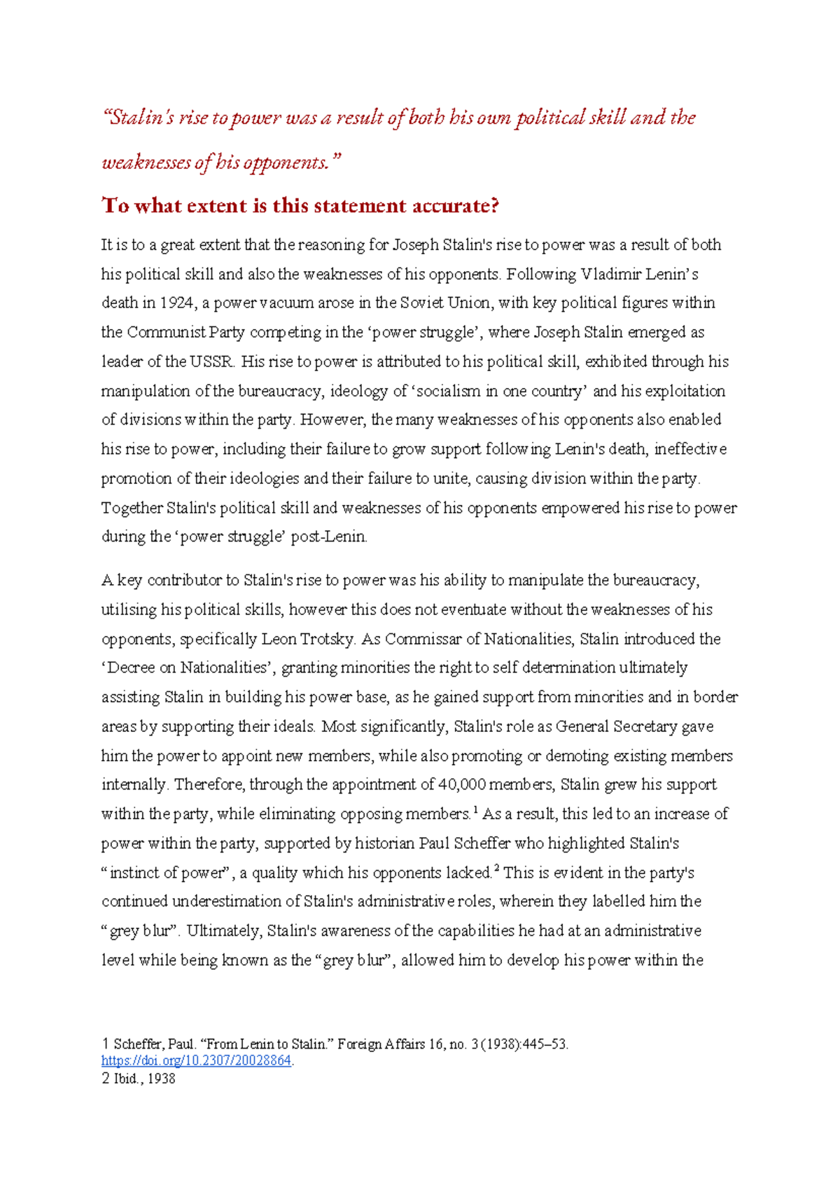 Full Mark Essay: Stalin's Rise to Power Analysis (HIST 101) - Studocu