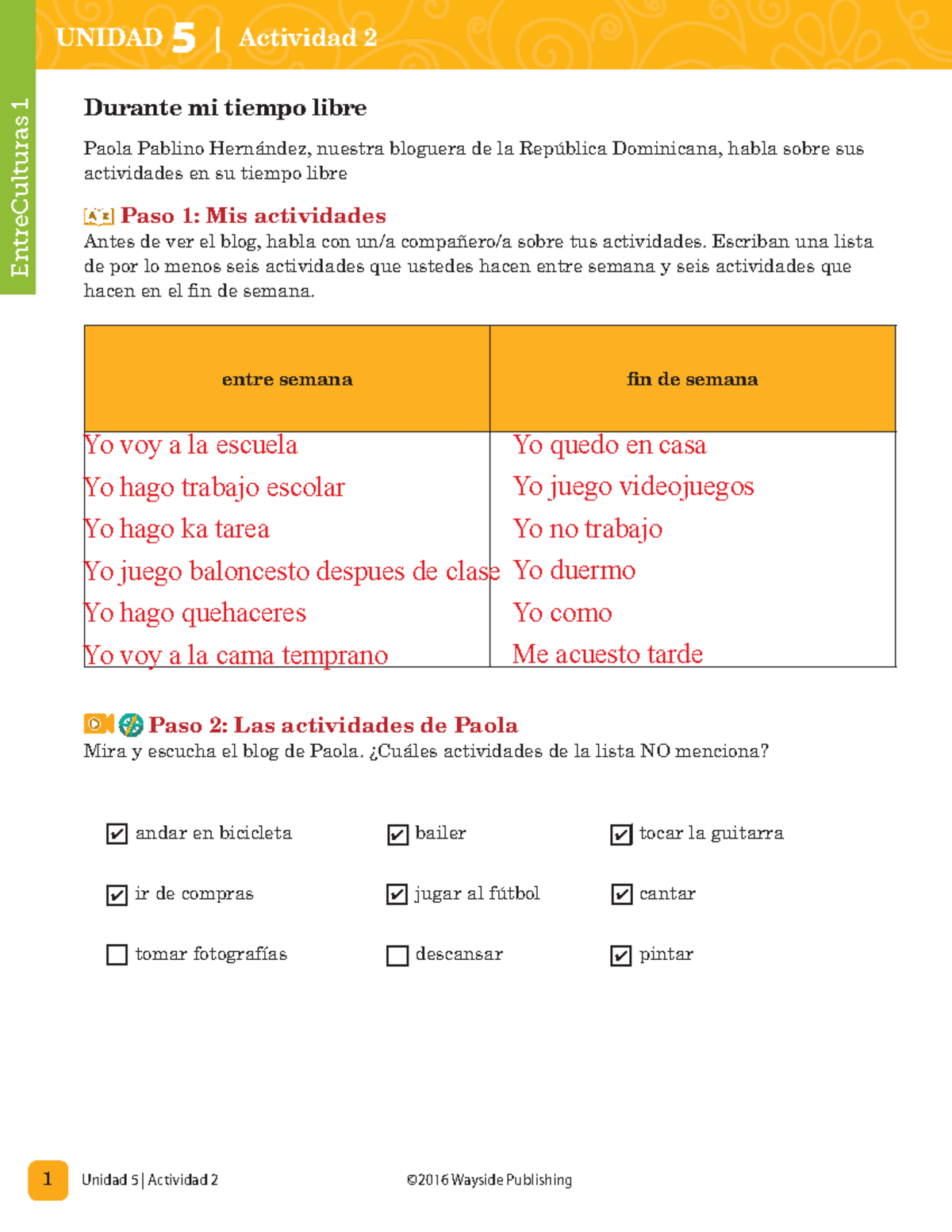 EntreCulturas 1 - EC L1 U5 Actividad 2: Mis Actividades en Tiempo Libre ...