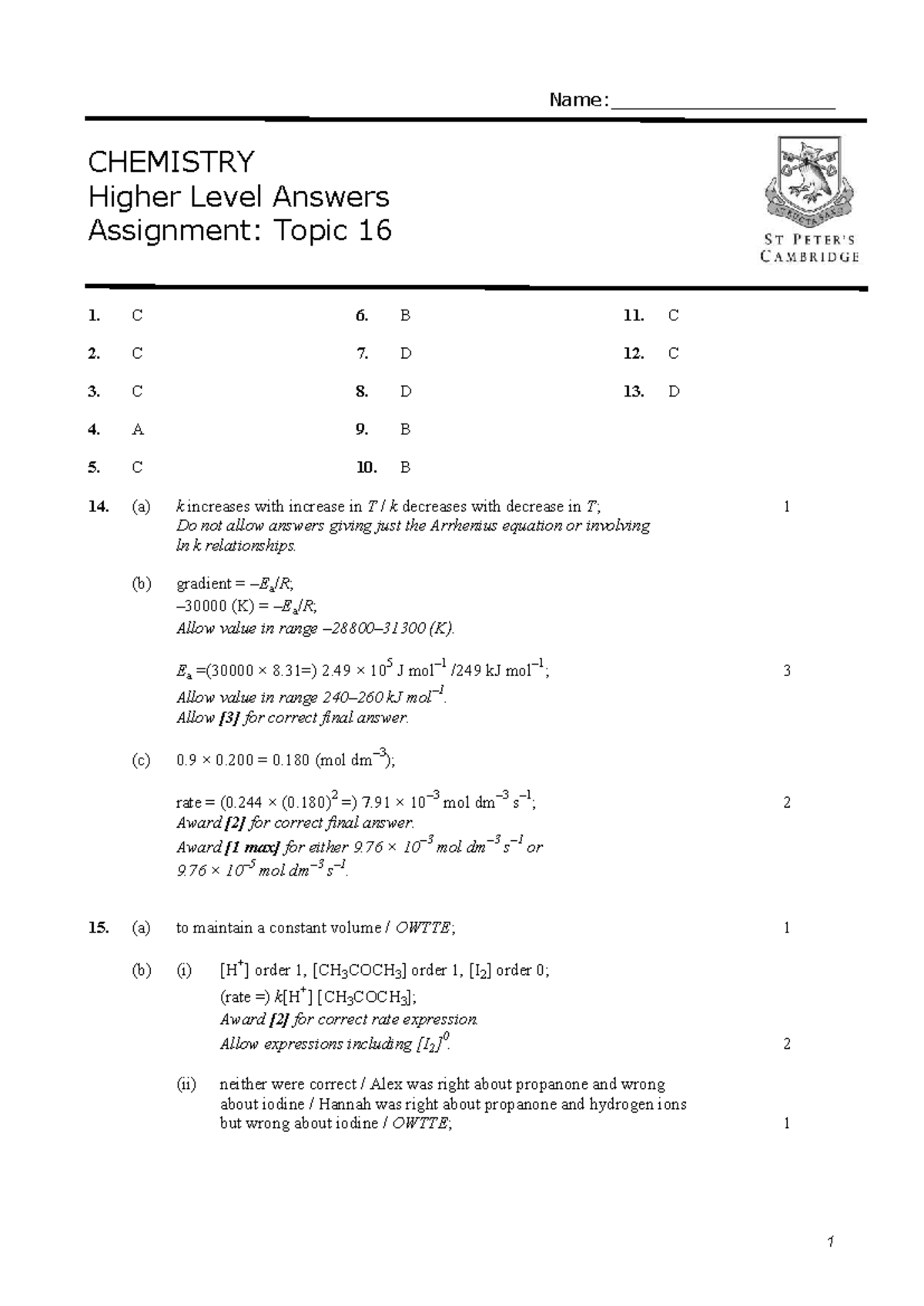 CHEMISTRY HL Assignment: Topic 16 Kinetics Answers and Explanations ...