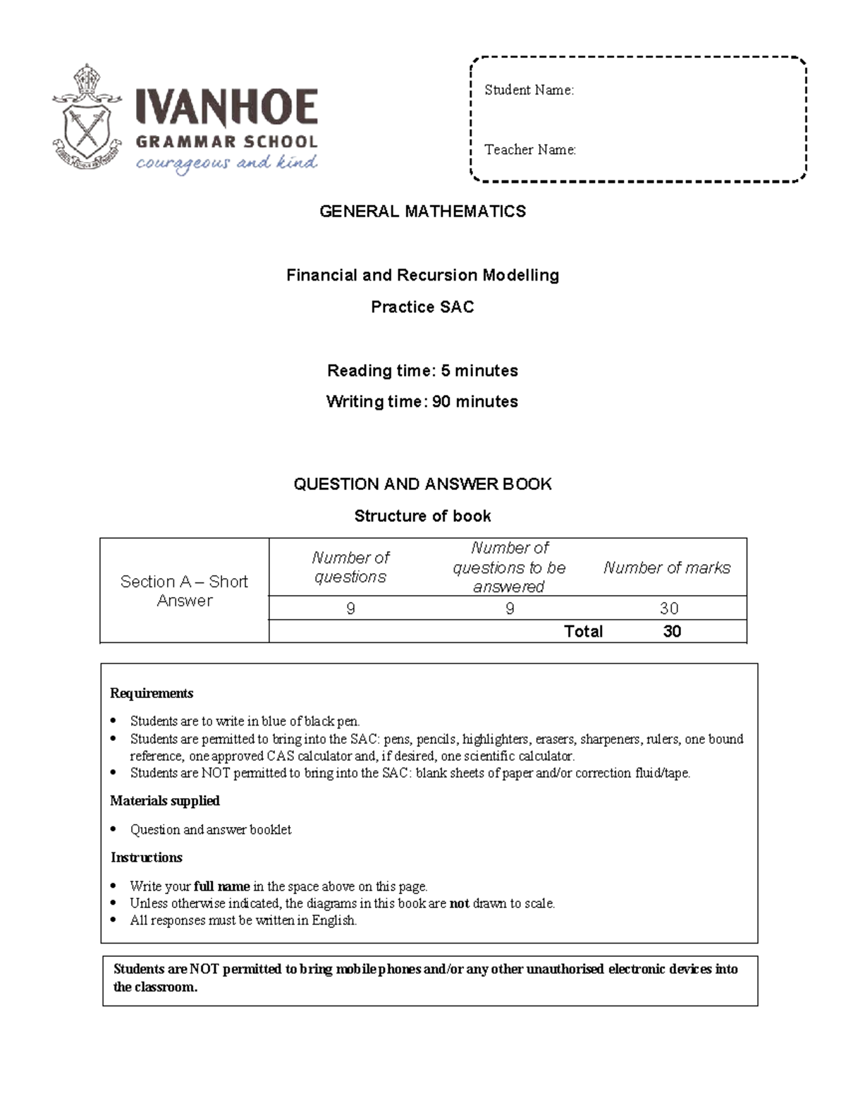 Recursion and Financial Modelling Practice SAC - General Mathematics ...