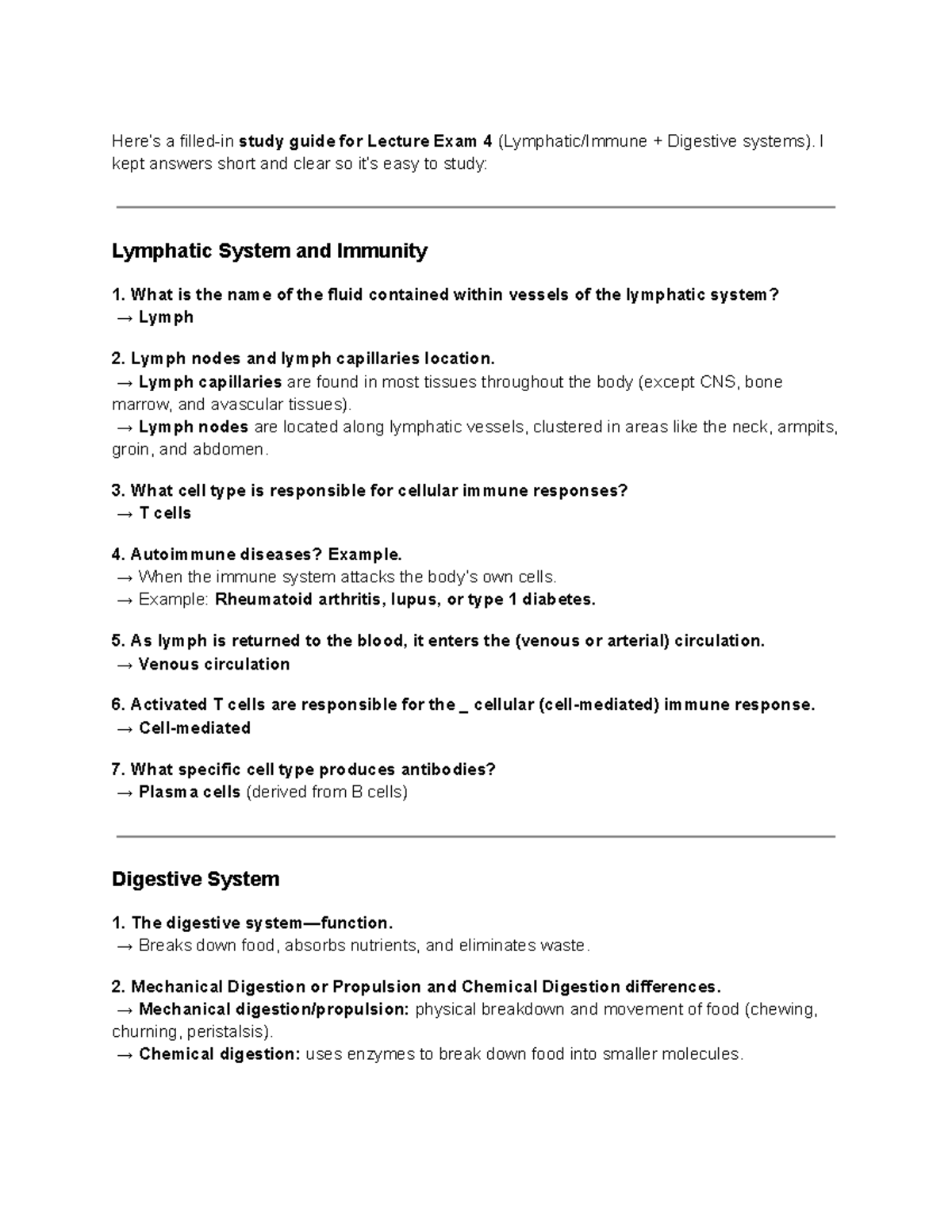 Lecture Exam 4 Study Guide: Lymphatic, Immune & Digestive Systems - Studocu