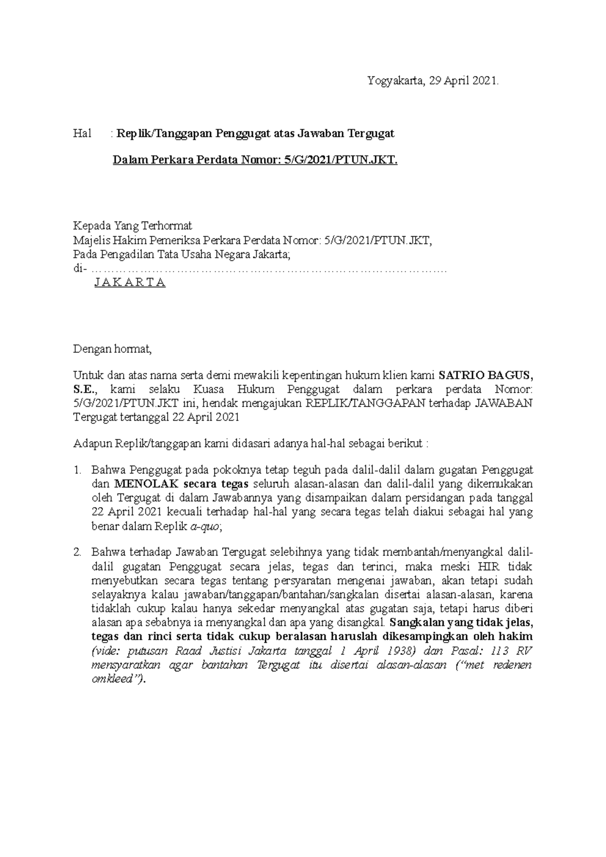 Replik/Tanggapan Penggugat atas Jawaban Tergugat - Perkara 5/G/2021 ...