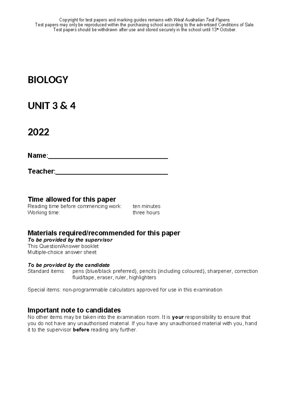 Inheritance and Change Vocabulary List - Year 12 General BIOLOGY Unit 3 ...