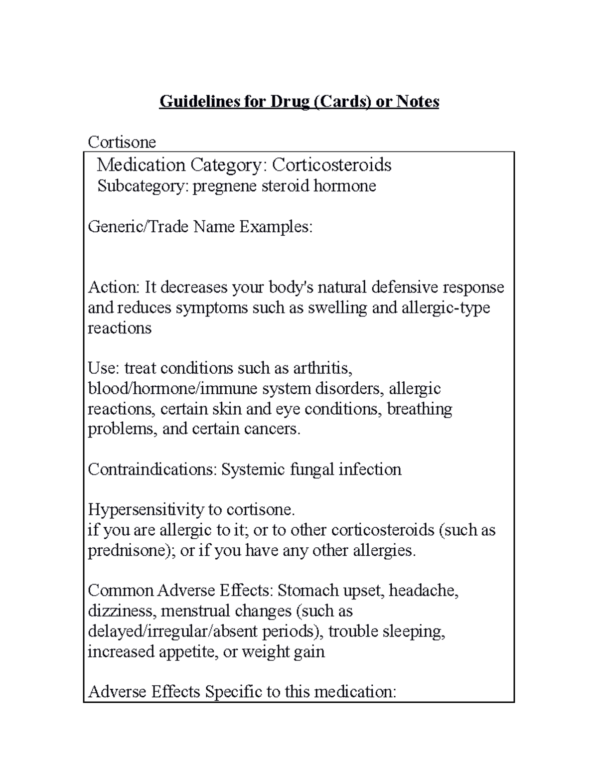 Cortisone Drug Card - Overview, Uses, and Nursing Implications - Studocu