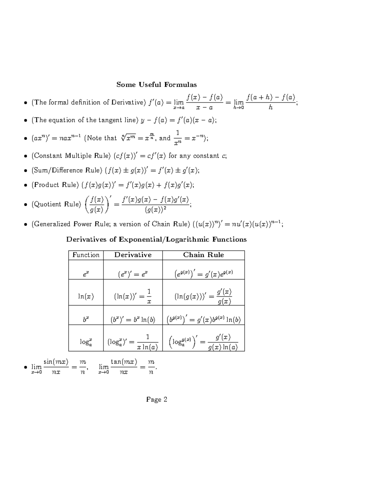 Calc 1 formula sheet - Some Useful Formulas (The formal definition of ...