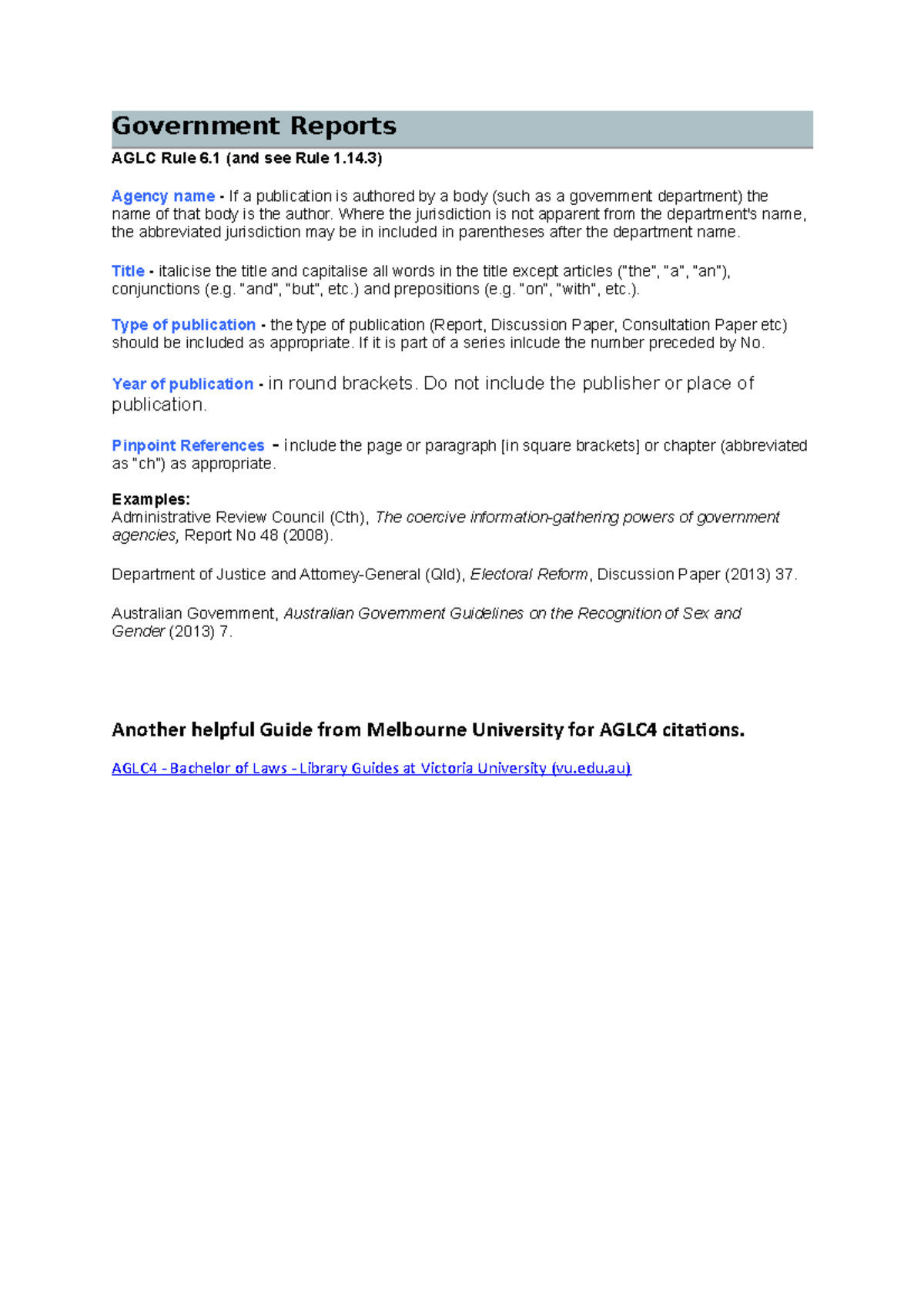 AGLC4 self made guide - Government Reports AGLC Rule 6 (and see Rule 1. ...
