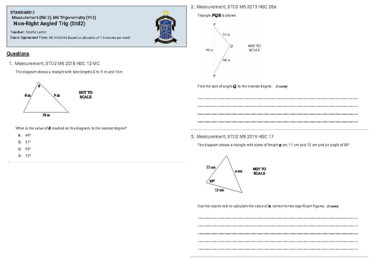 HSC Non-Right Angled Trig Questions - qwef13g31 - Studocu
