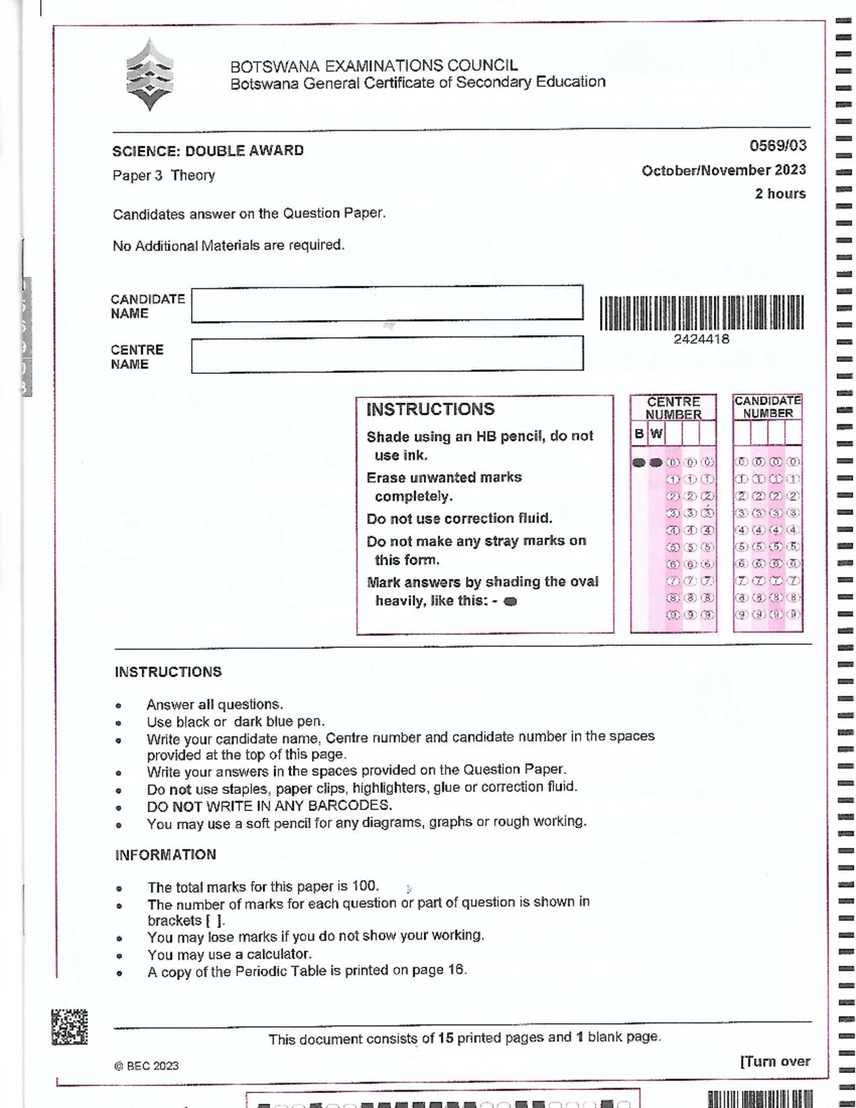 BEC 2025 General Science Specimen Paper 5 Exam Guide - Studocu