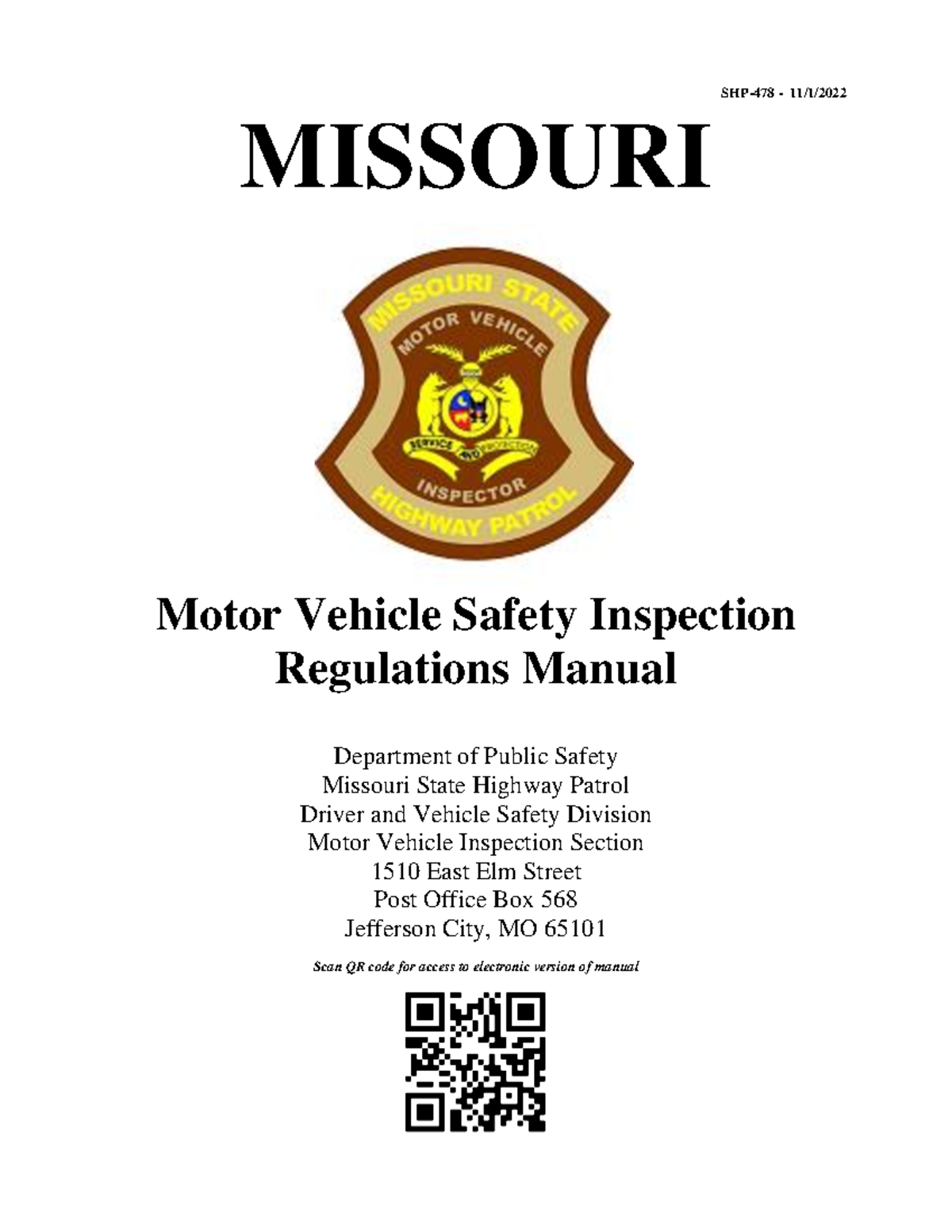 MISSOURI Motor Vehicle Safety Inspection Regulations Manual SHP-478 ...