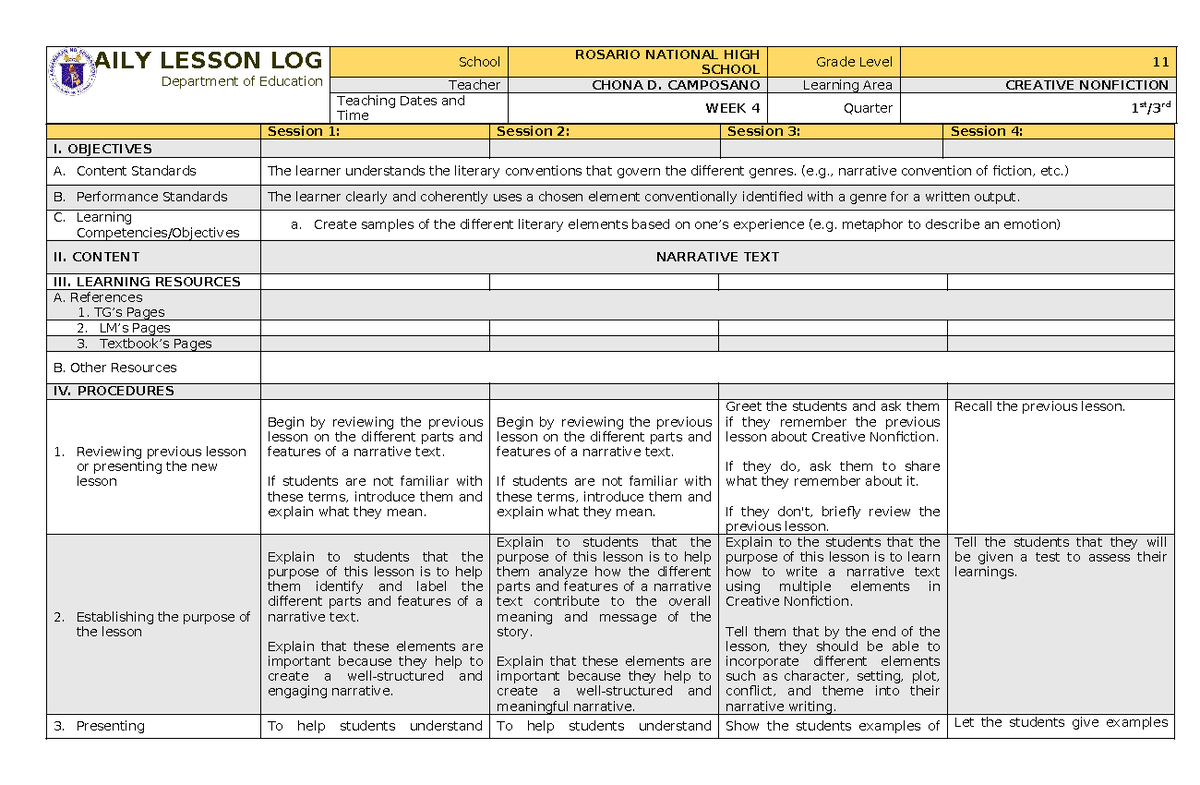 Creative Nonfiction 1 Quarter 1 WEEK 4 - DAILY LESSON LOG Department of ...
